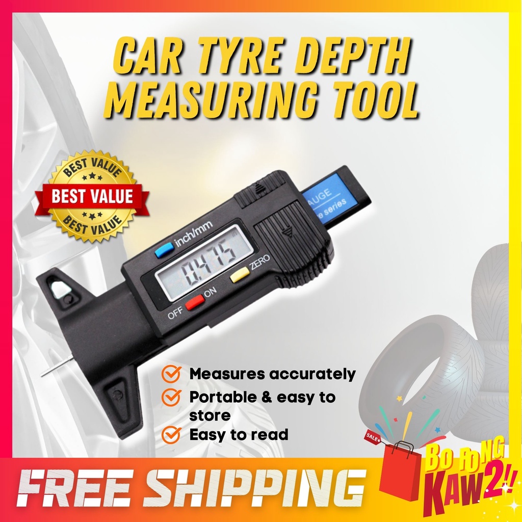 Digital Car Tyre Measuring Tool 25.4mm LCD Tread Depth Thickness ...
