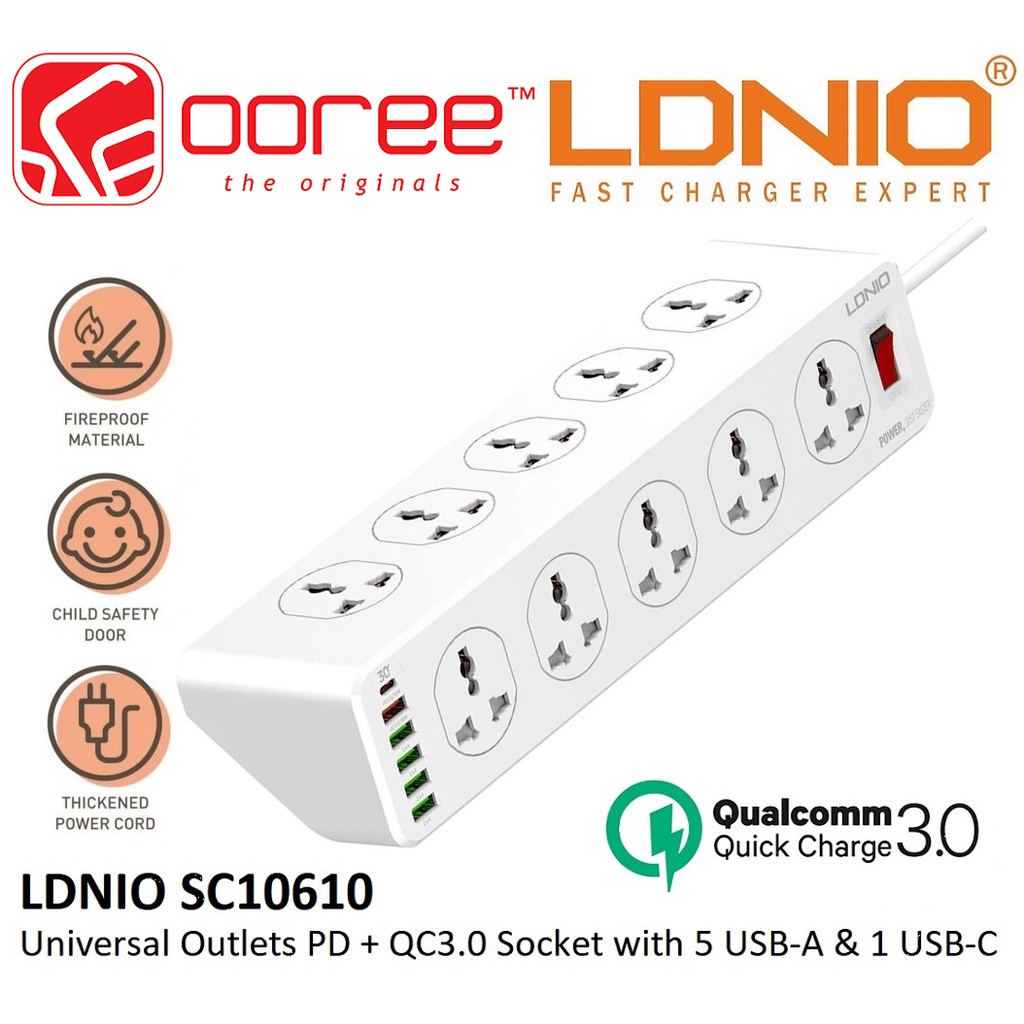 LDNIO SC10610 2500W 10 SOCKETS + TYPE-C PD + QC3.0 6 USB PORTS ...