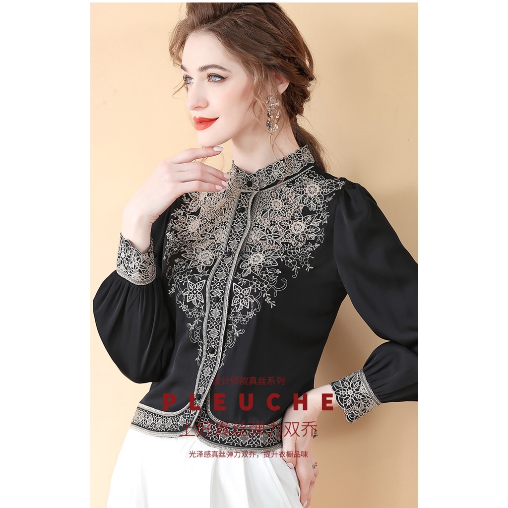 Women embroidered Blouse Chinese hollow top blouse court plus size ...