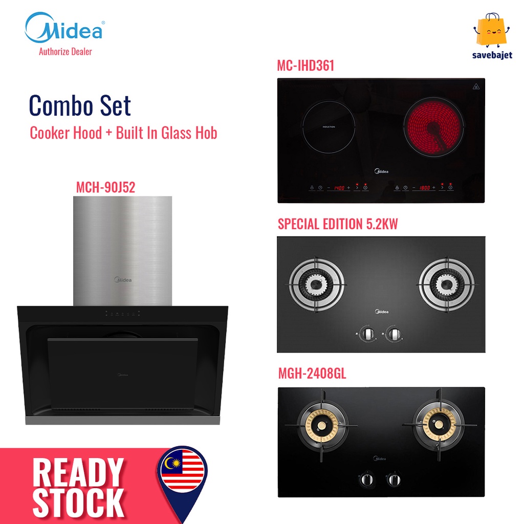 Midea Cooker Hood 1500m³/hr MCH-90J52 + Midea Built In Glass Hob Special Edition (5.2KW/76cm ...
