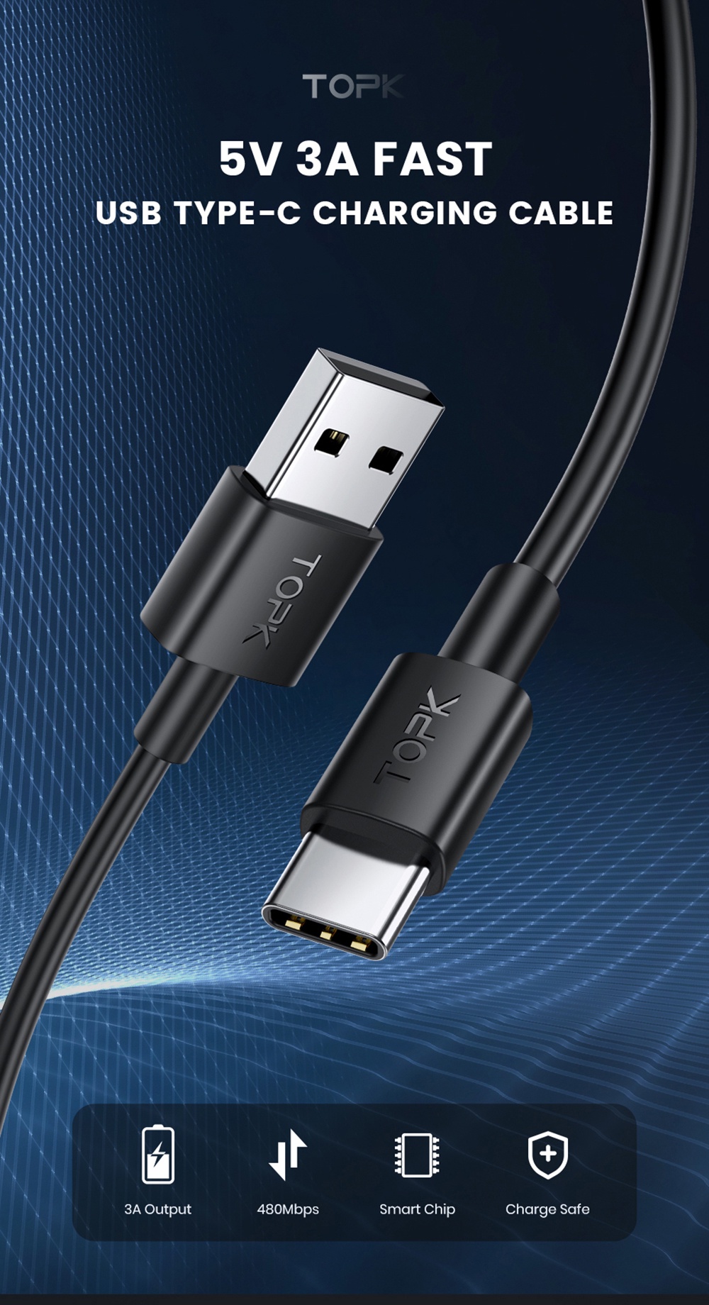 TOPK 1M USB A To Type C Cable 3A Fast Fast Charge Data Cable for ...