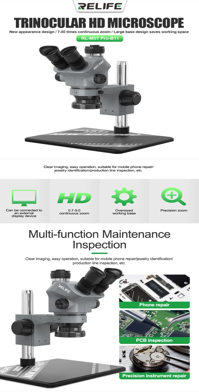 RELIFE RL-M5T Pro-B11 Trinocular HD Microscope 7-50 Time Zoom Phone ...