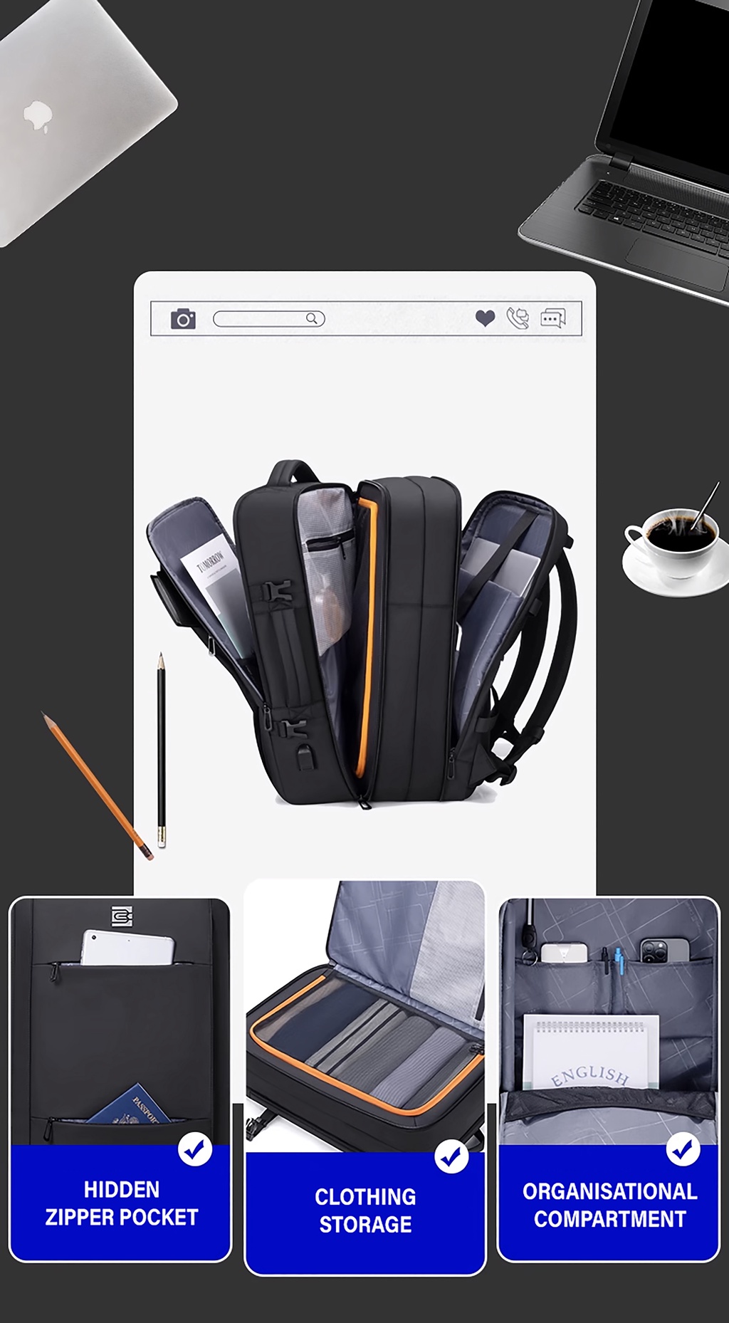 BRUNO CAVALLI Multifunctional EXPANDABLE 18" Travel Backpack with ...