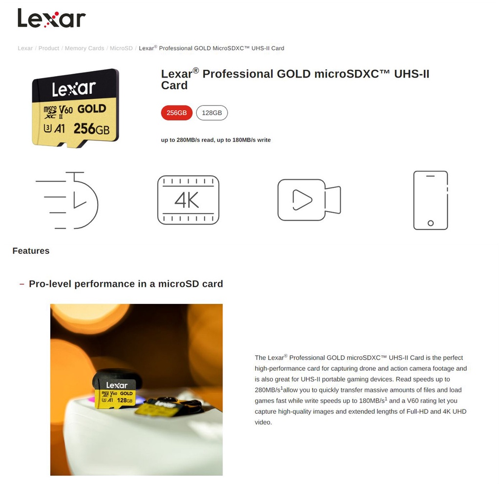 Lexar GOLD microSD Card UHS-II Card 4K UHD V60 U3 A1 UHS-II 280MB/s ...