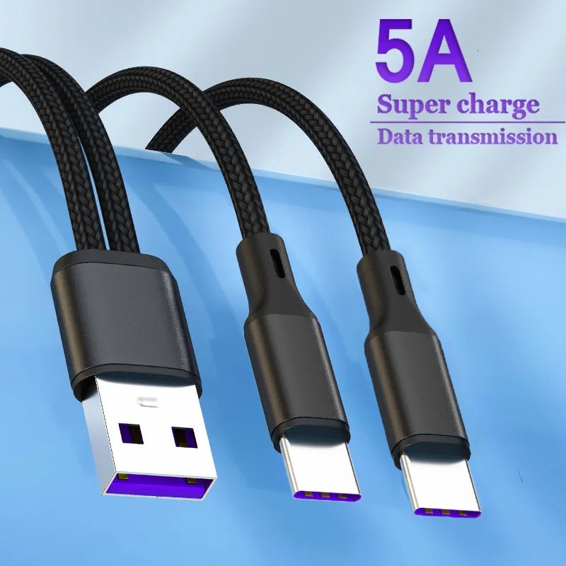 2 In 1 Type C Cable Phone Charger Y Splitter 5A Fast Charging Cable ...