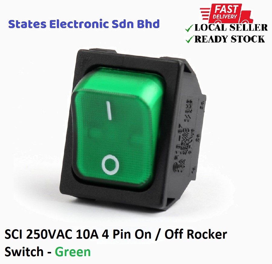 SCI 250VAC 10A 4 Pin On / Off Rocker Switch - Green (R13-87B#5N ...