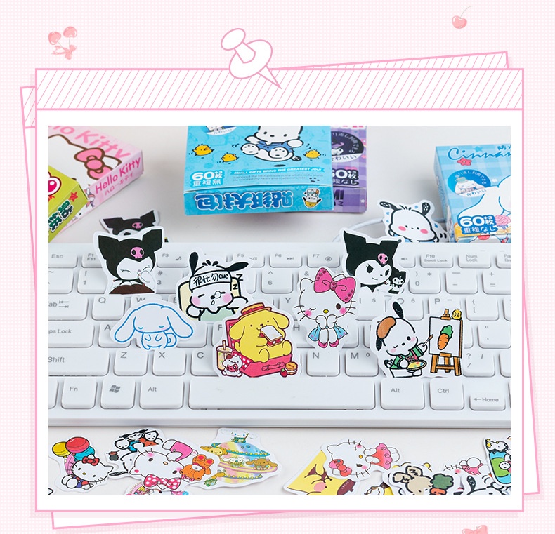 60pcs Box Sanrio Handbook Sticker Set Hello Kitty Kuromi Cinnamoroll