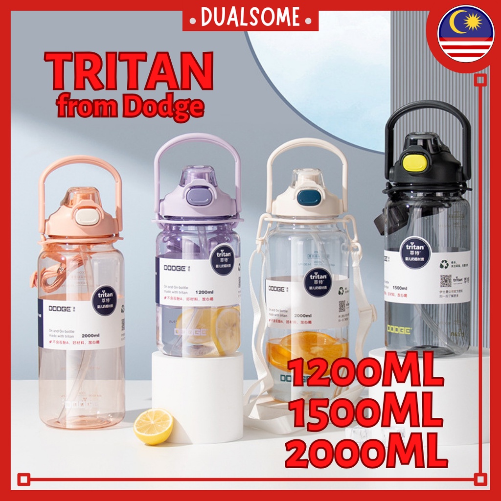 Dodge 1.2L/1.5L/2L Dual Head Tritan BPA-Free Plastic Water Bottle with Straw and Strap Double ...