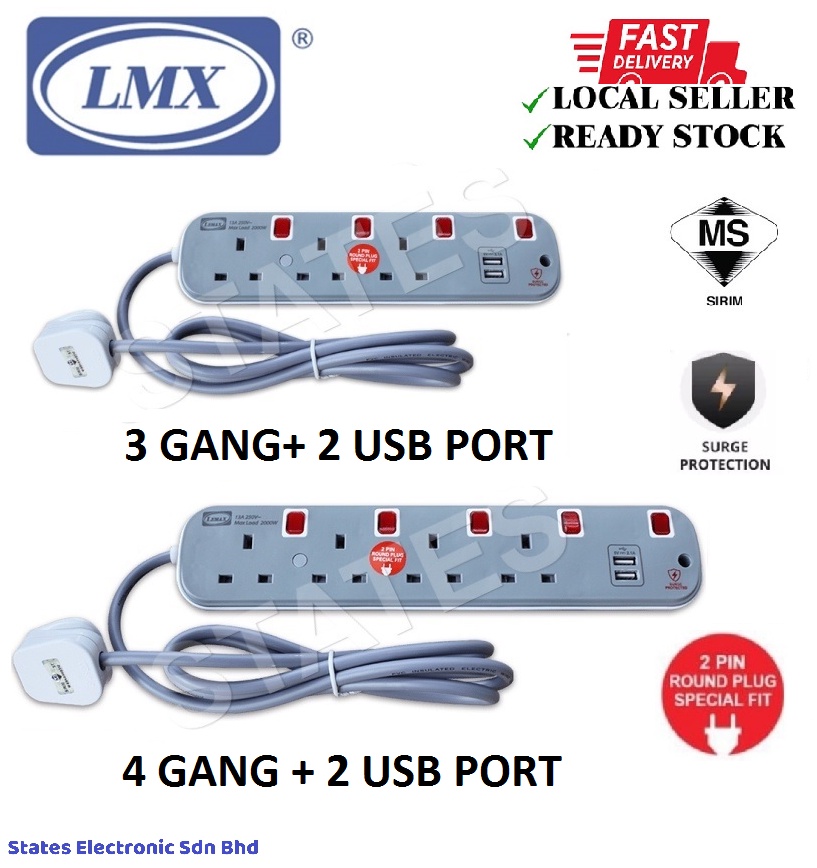 LMX 3/4 Gang Extension Socket with Neon + 2 USB Port - 2 Meter Cable (ES-313U,ES-314U) | Shopee ...