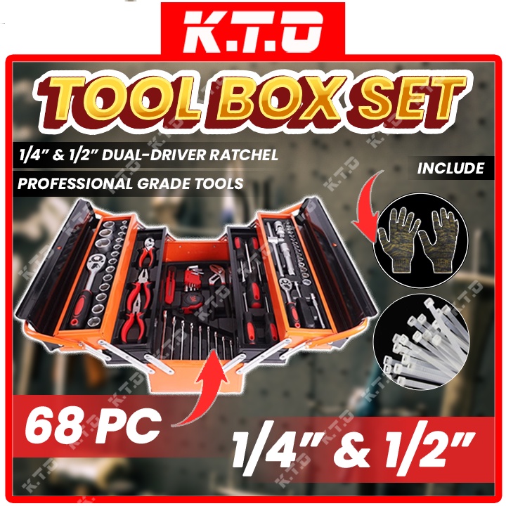 KTO 68Pcs Heavy Duty Socket Spanner Metal 3 Layer Tool Box High Quality Combination Socket ...