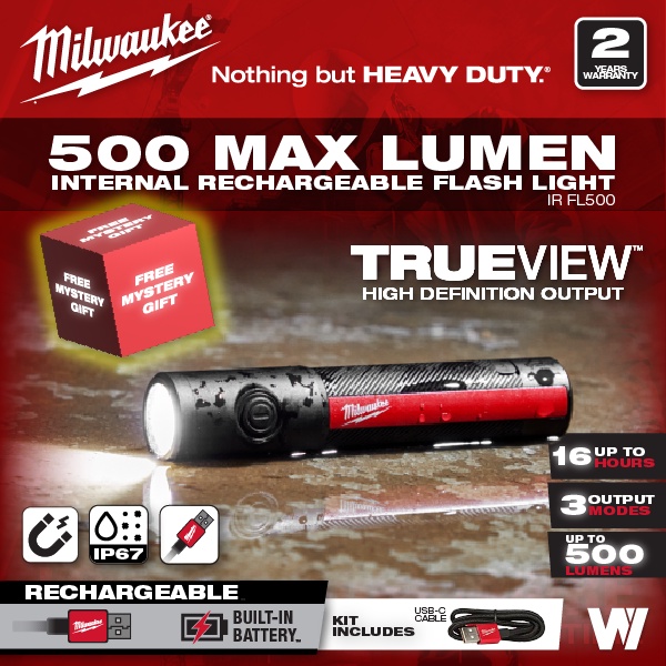 MILWAUKEE Internal Rechargeable Flash Light 500 Max Lumens IR FL500 ...