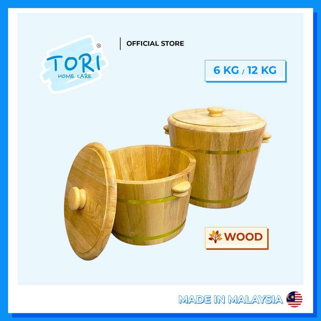 TORI HOME Wooden Rice Bucket 6kg 12kg | Bekas Beras Kayu | Solid Wooden ...