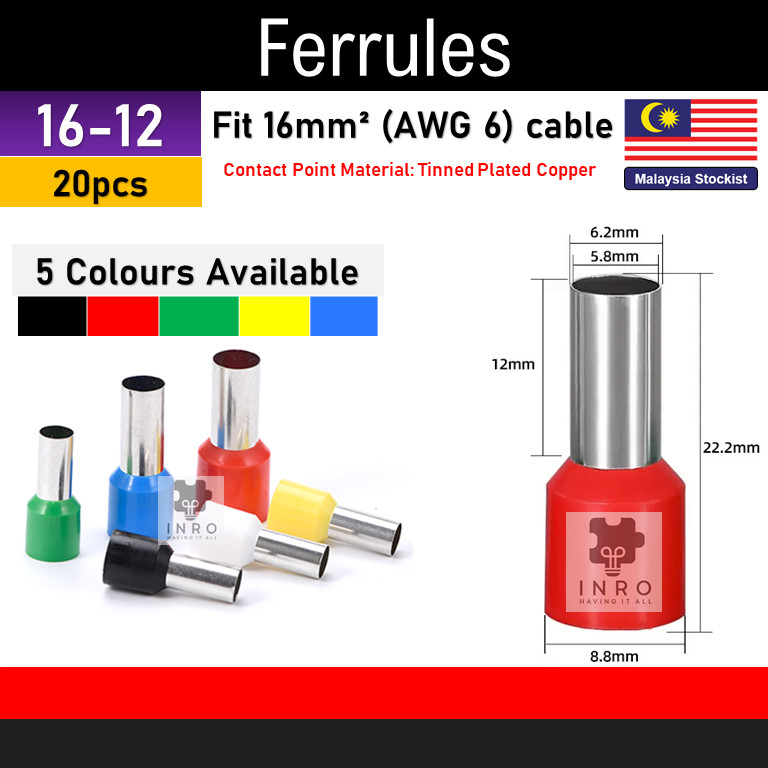 [20pcs] E16-12 AWG 6 16mm2 Ferrules Ferrule, Terminal Bootlace, E16-12 ...