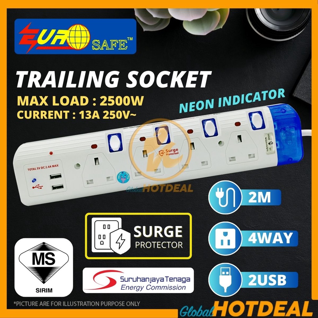 [sirim] Eurosafe 2 Meter 4 Way 2 Usb Port Trailing Extension Socket With Surge Protection 13a 3