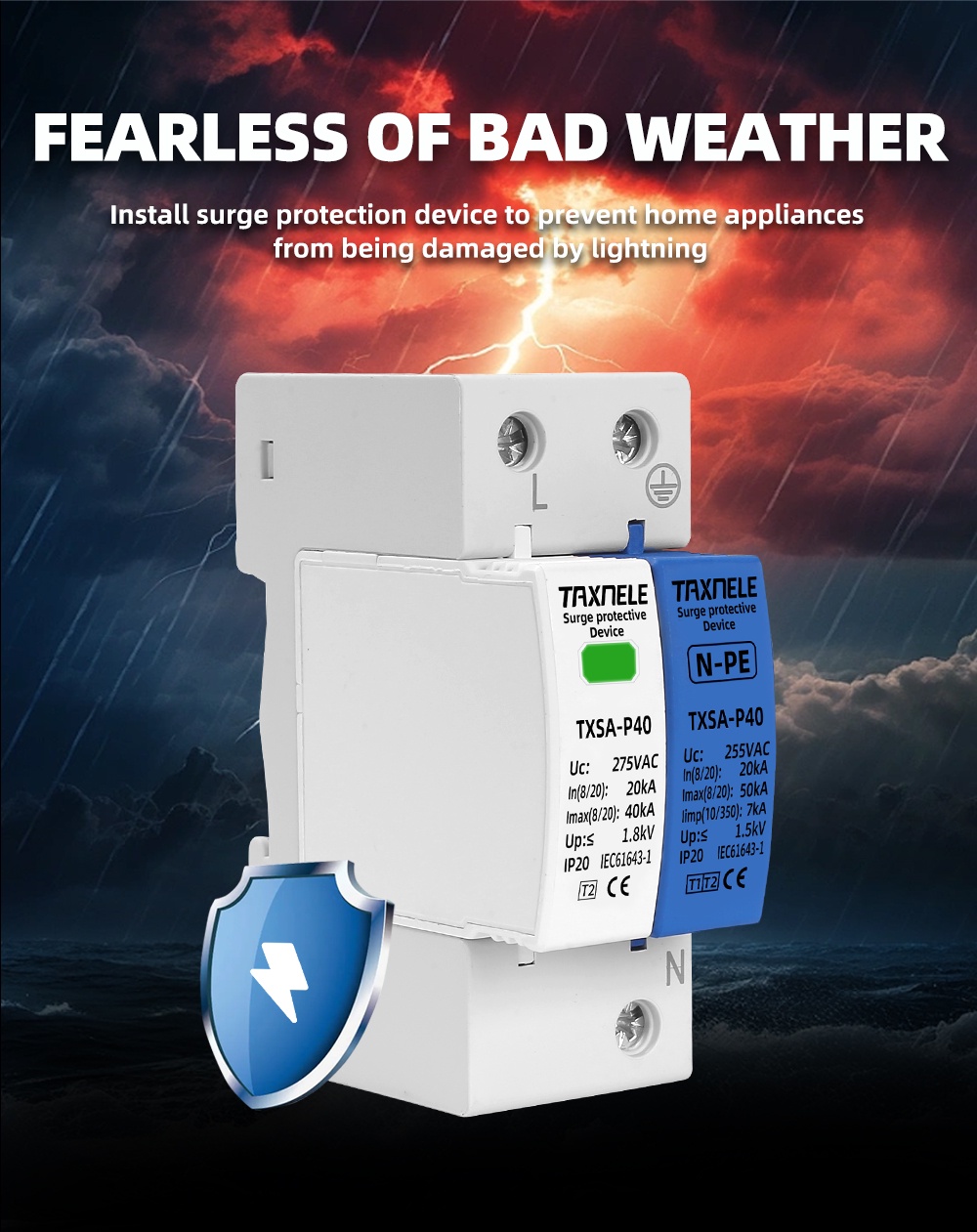 385V 275V 255V AC SPD Lightning Arrester 1P+NPE 40KA 50KA T1 T2 House Surge Protector Protective ...