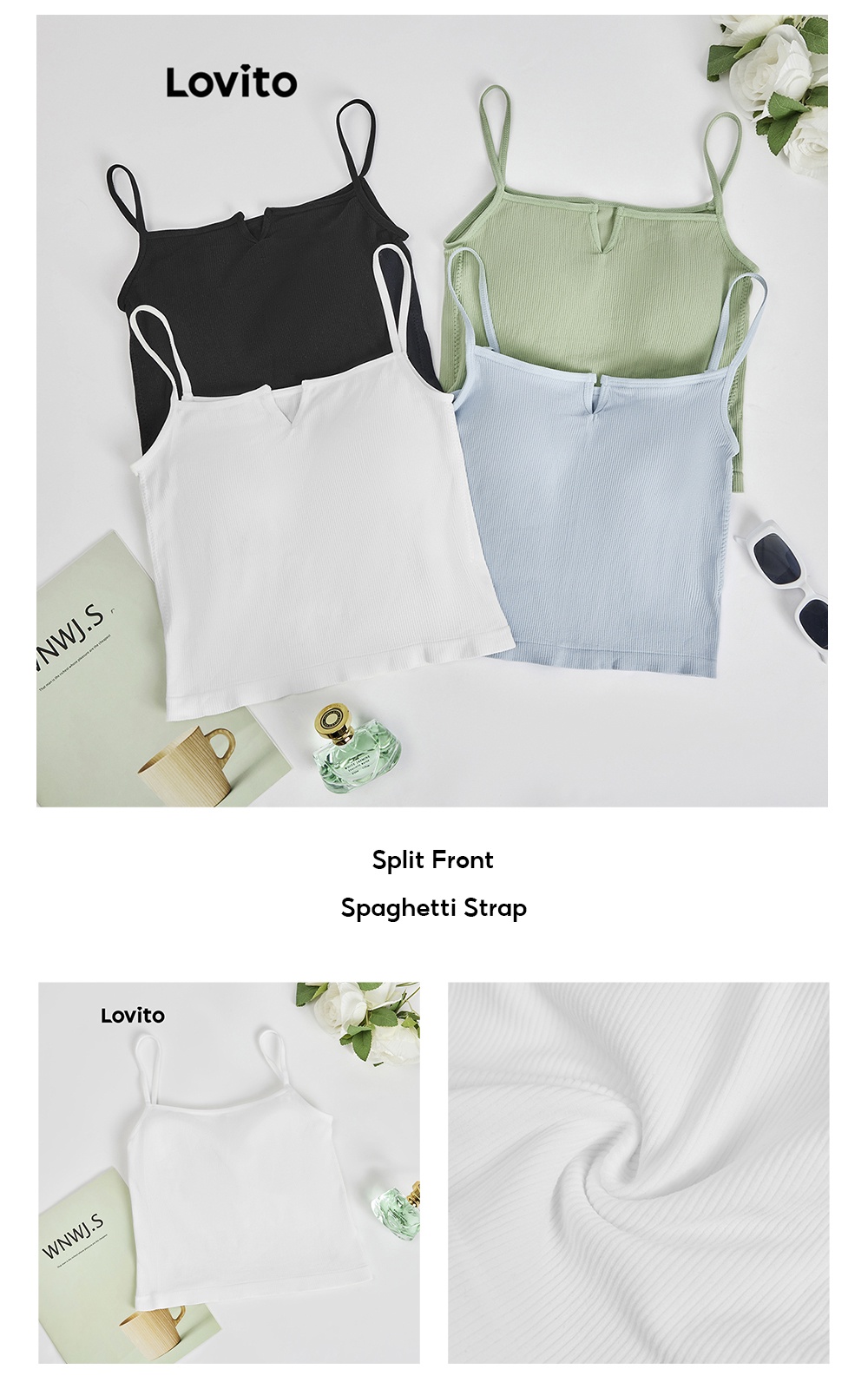 Lovito Casual Plain Split Front Basic Tank Tops for Women L68ED050 ...