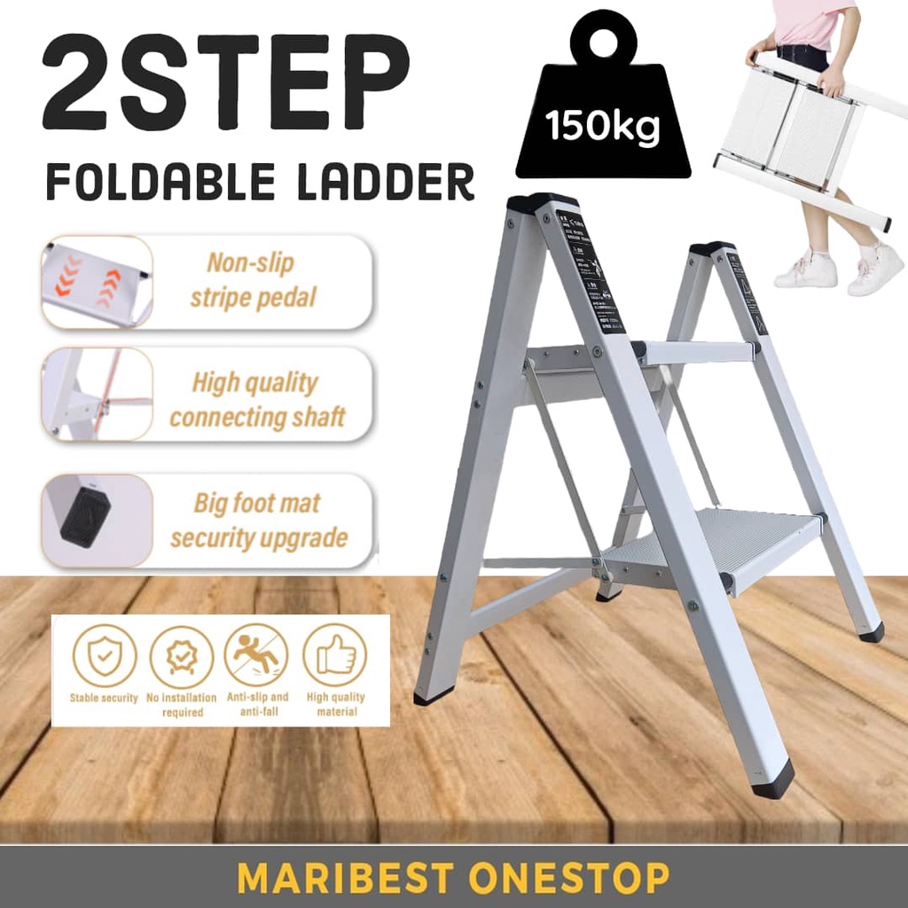 2 Step 150kg Capacity Heavy Duty Foldable Ladder Folding Step Stool ...