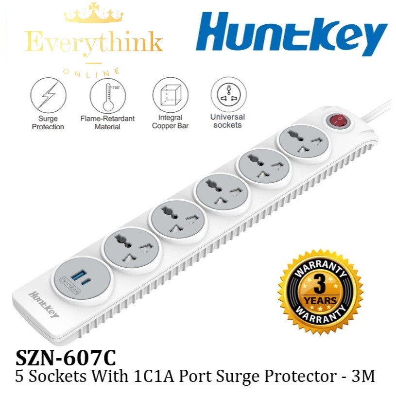 HUNTKEY SZN607C POWER STRIP SURGE PROTECTOR 5 UNIVERSAL PLUGS + 1C1A ...