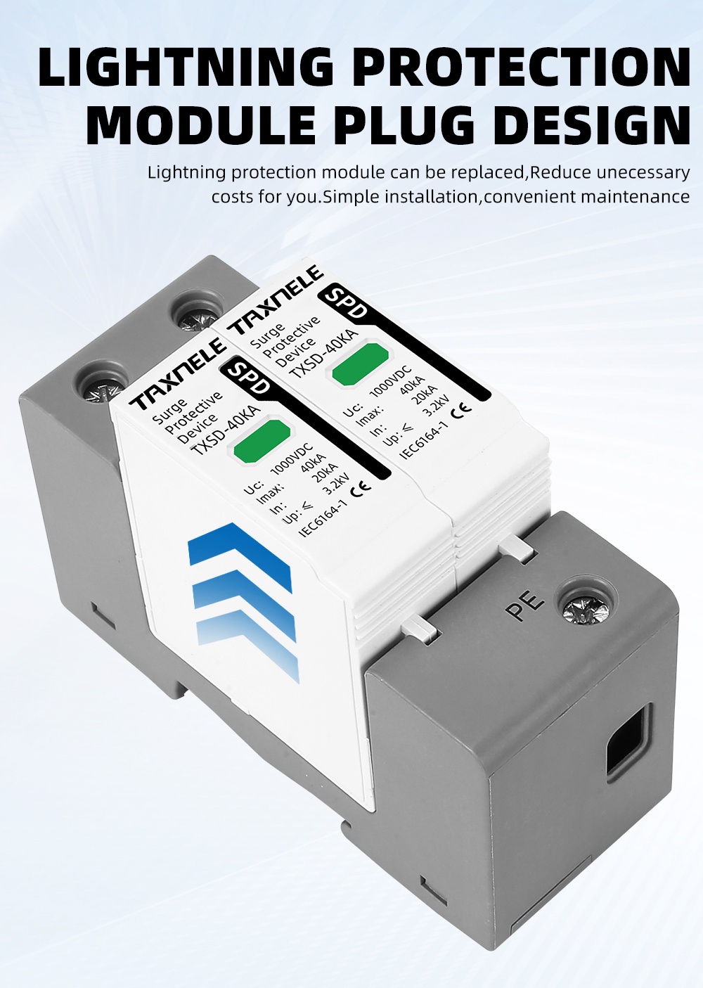 DC SPD Surge Protector 2P 20KA 40KA 60KA Voltage Protector Solar PV Lightning Arrester 600V ...