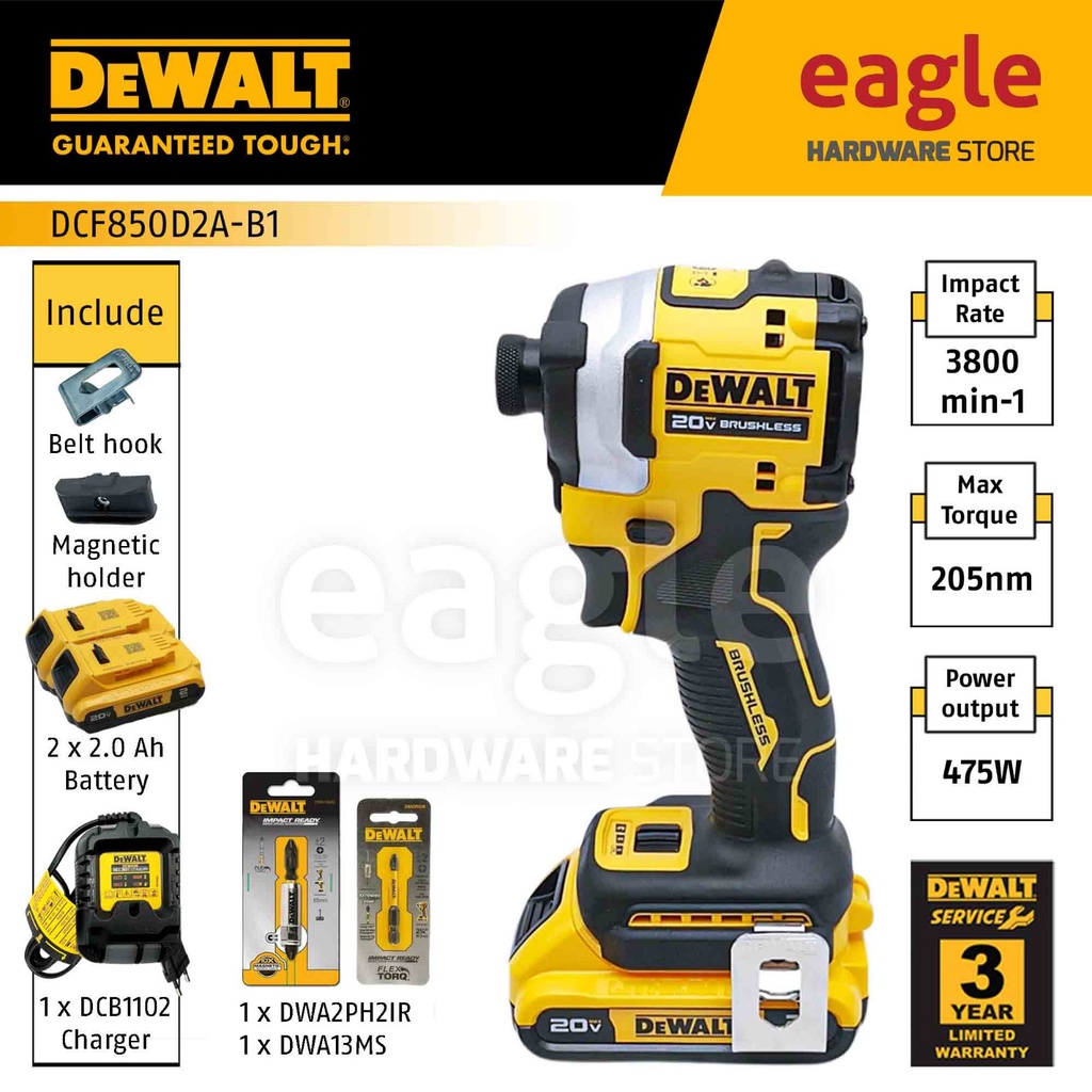 Dewalt Atomic DCF850D2A-B1 6.35mm ( 1/4" ) 20V Brushless Cordless ...