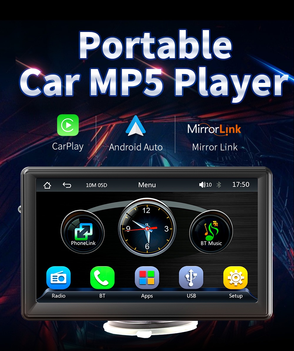 7" Portable Wireless Carplay WIFI Radio Car Multimedia Player 1080P IPS ...