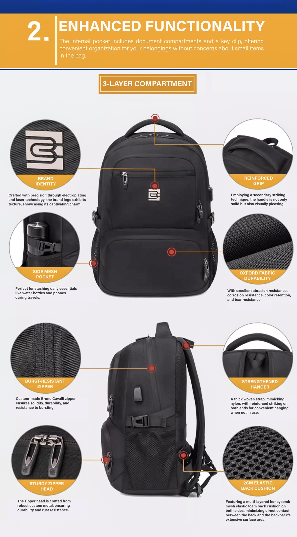 BRUNO CAVALLI Multifunctional 16" Computer Laptop Backpack with USB ...