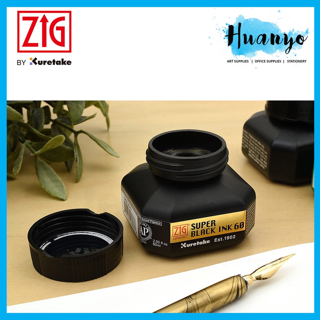 Kuretake ZIG Super Black Ink 60 Pigment For Cartoonist Manga Comic 60ML ...