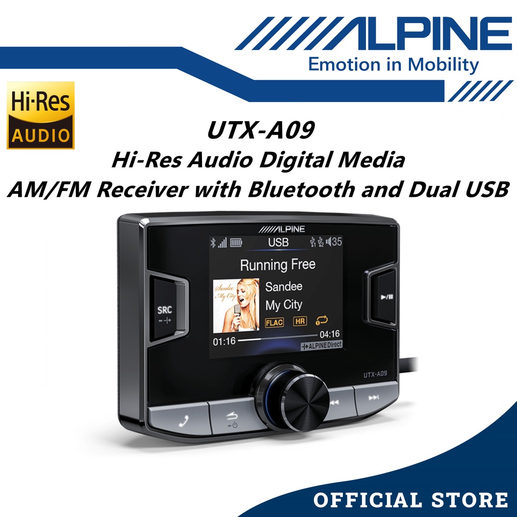 Alpine HI-RES Audio Car Digital Media AM/FM Receiver With Bluetooth And DUAL USB UTX-A09 ...