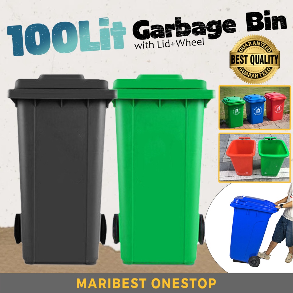 100L Outdoor Trash Bin Tong Sampah Bertutup Besar Hijau Large Mobile ...