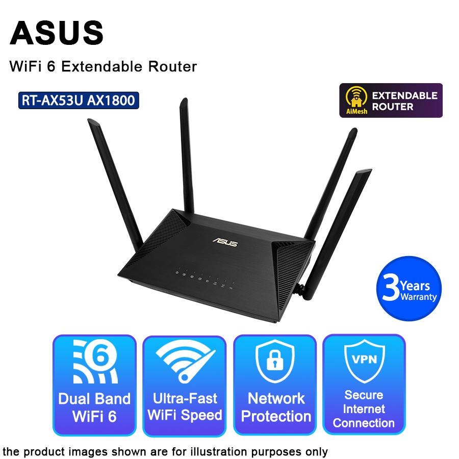 ASUS RT-AX53U AX1800 Dual Band WiFi 6 Extendable Router, Subscription ...
