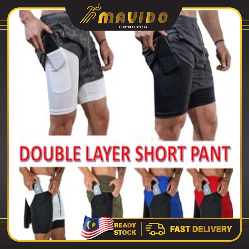 MAVIDO Men's Double-layer Running Shorts Quick Dry Gym Fitness Jogging ...