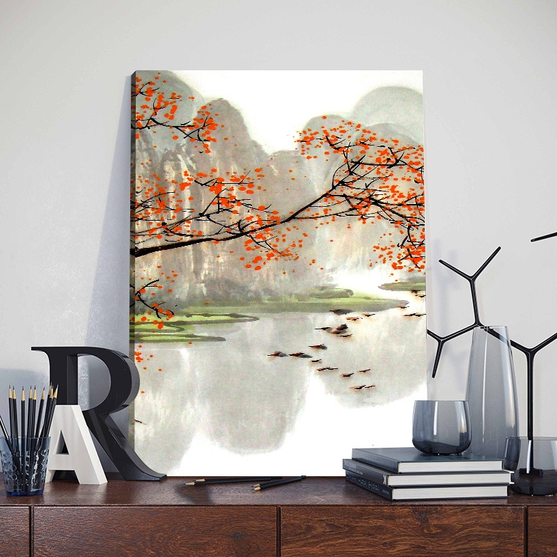 (With Frame）Chinese Landscape Poster with Frame Plum Blossom Mountains ...