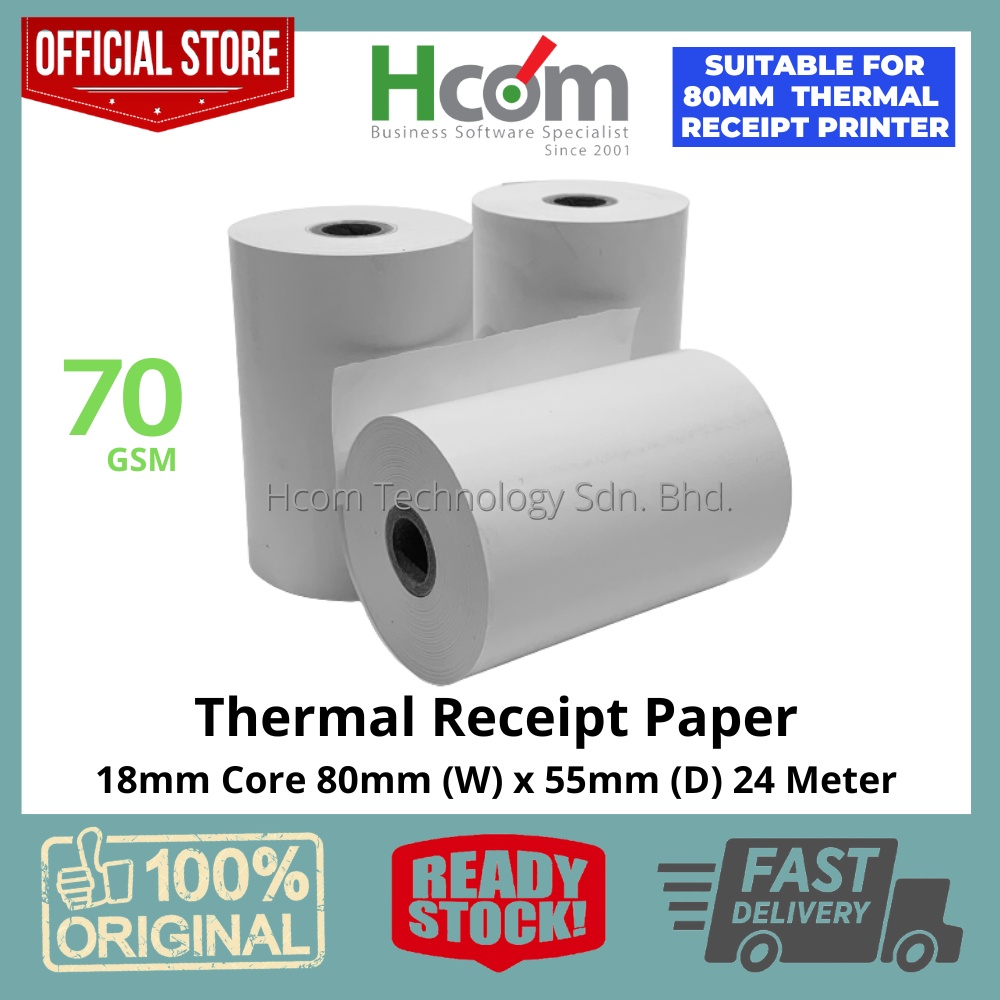 80mm(W) x 55mm(D) 24meter 70gsm 18mm Core Thermal Paper for POS Receipt ...