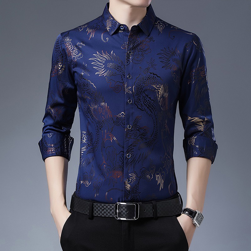 Men's Slim Fit Luxury Print Dress Shirt Man Long Sleeve Smart Casual ...