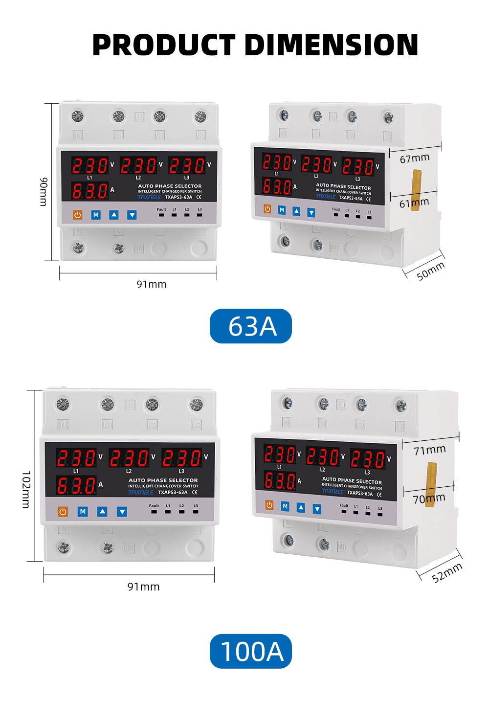 63A 3 phase 3P+N Din rail phase selector adjustable Over and Under ...