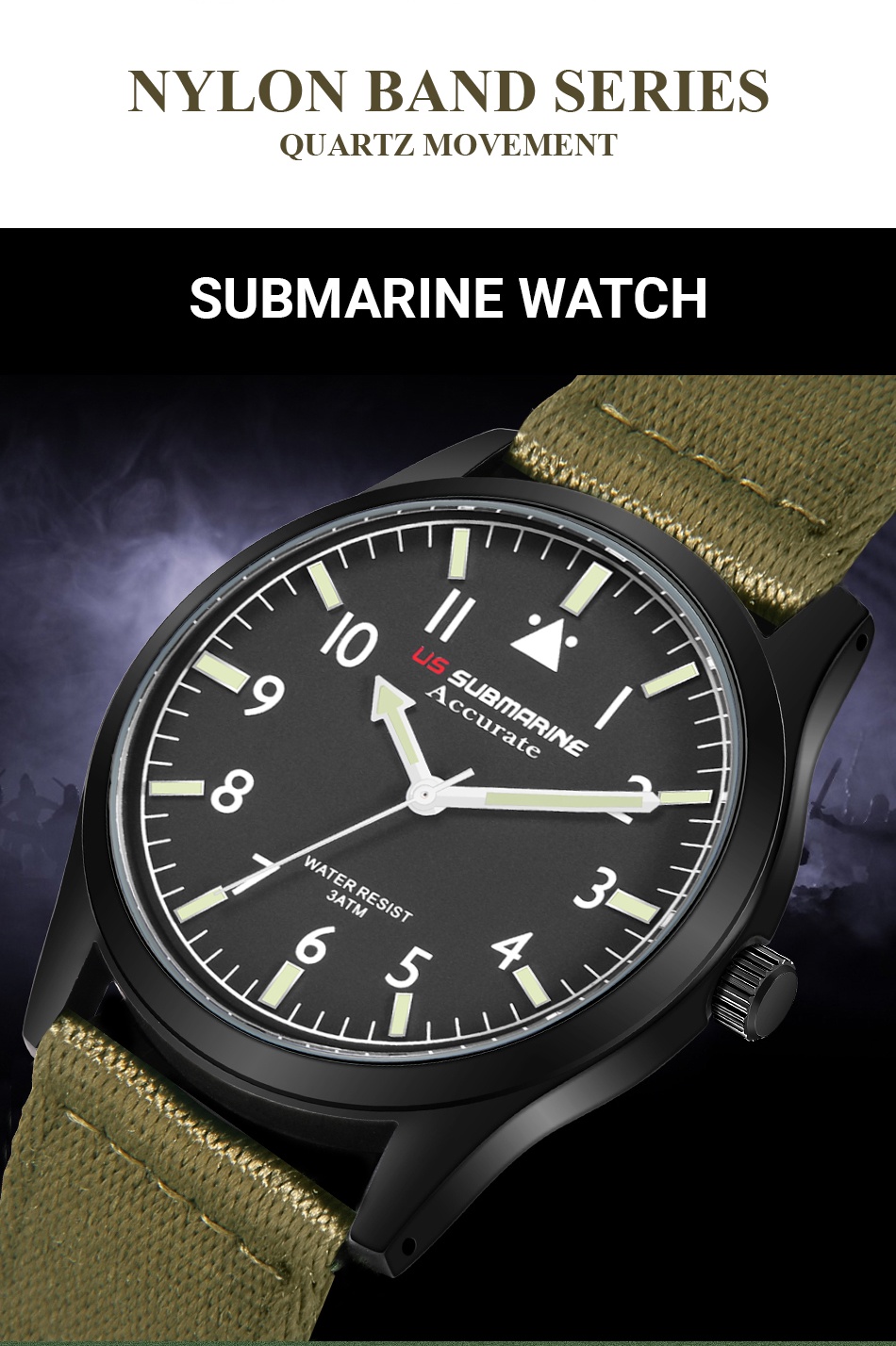 SUBMARINE Fashion Vintage Quartz Men Watch Nylon Band Waterproof ...