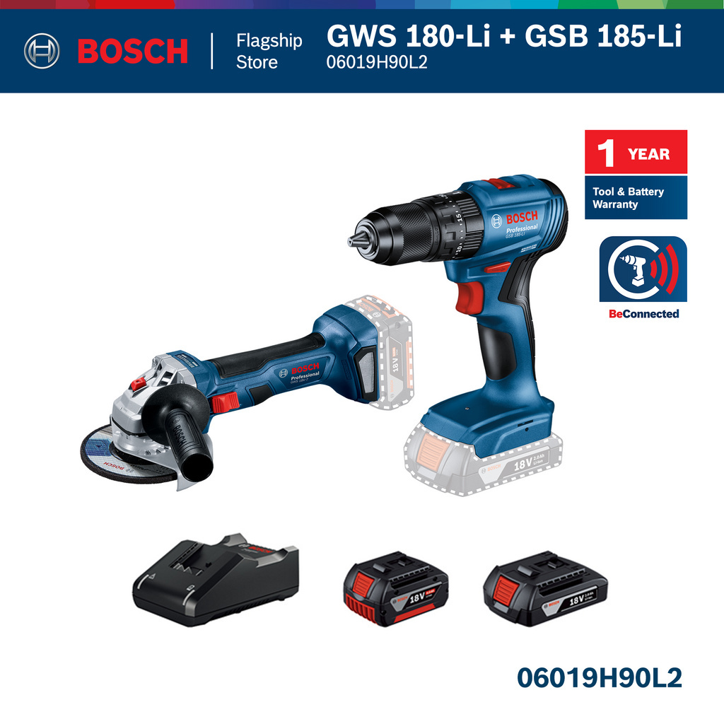 BOSCH GWS 180-Li Cordless Angle Grinder + GSB 185-Li Cordless Impact ...