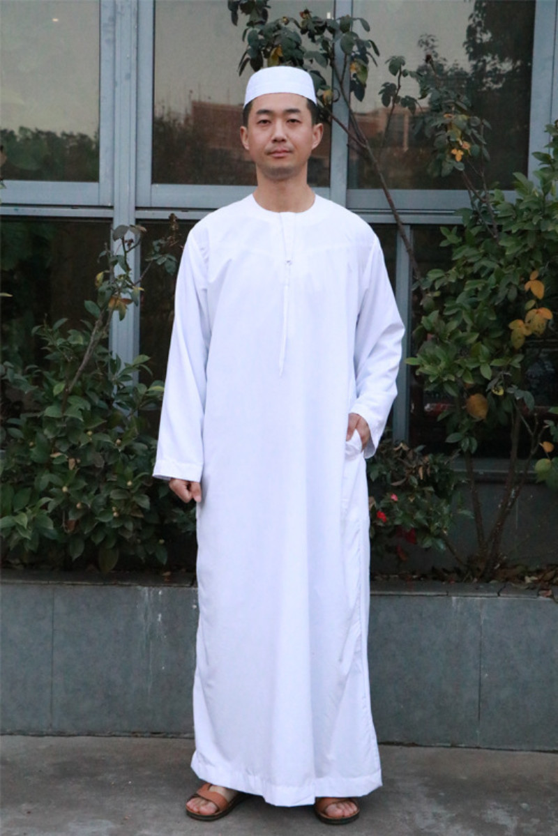 Men White Muslim Robe Islamic Kaftan Saudi Arabia Solid Color O Neck ...