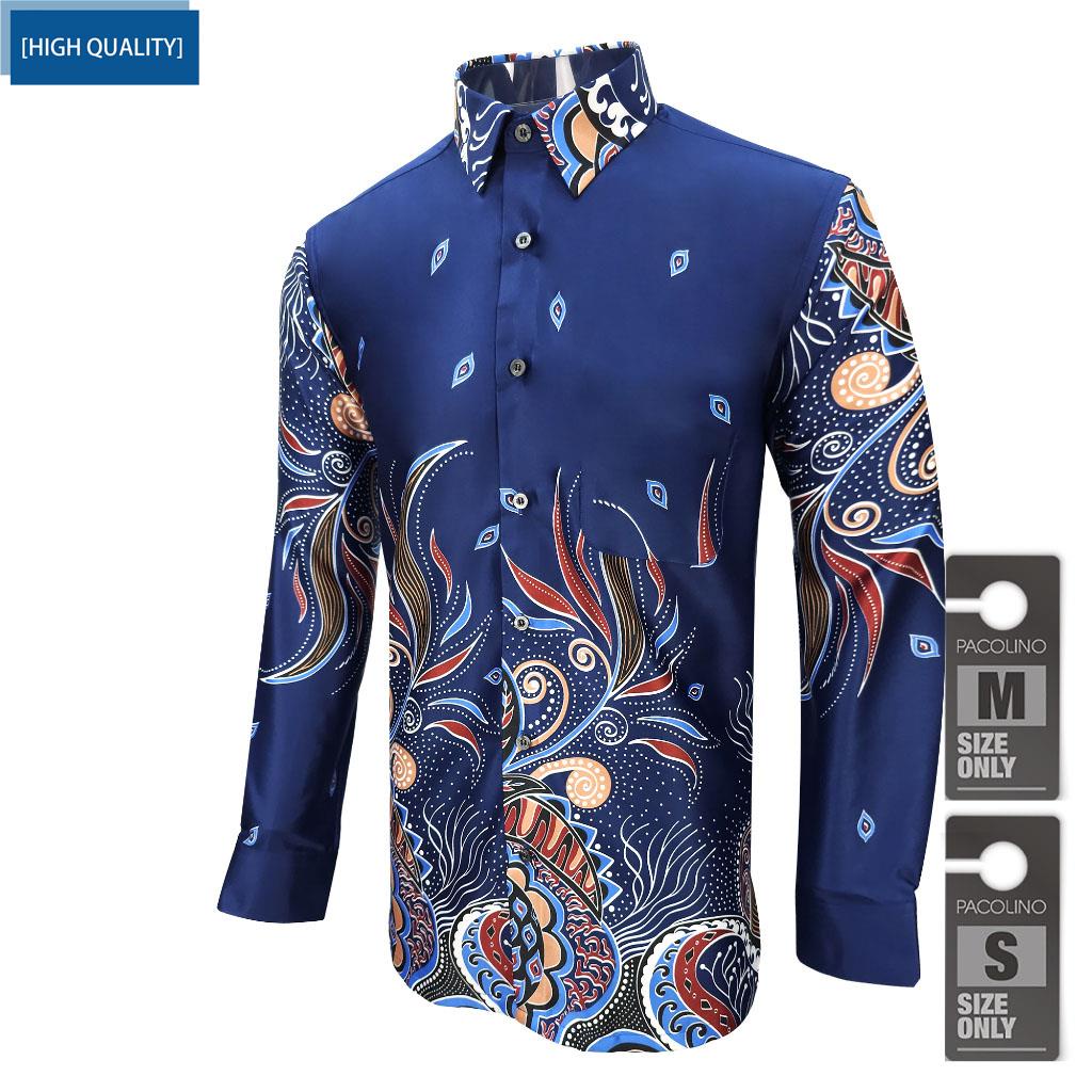 (Regular) Blue Color Malaysia Men Batik Long Sleeve Kemeja Batik Lelaki ...