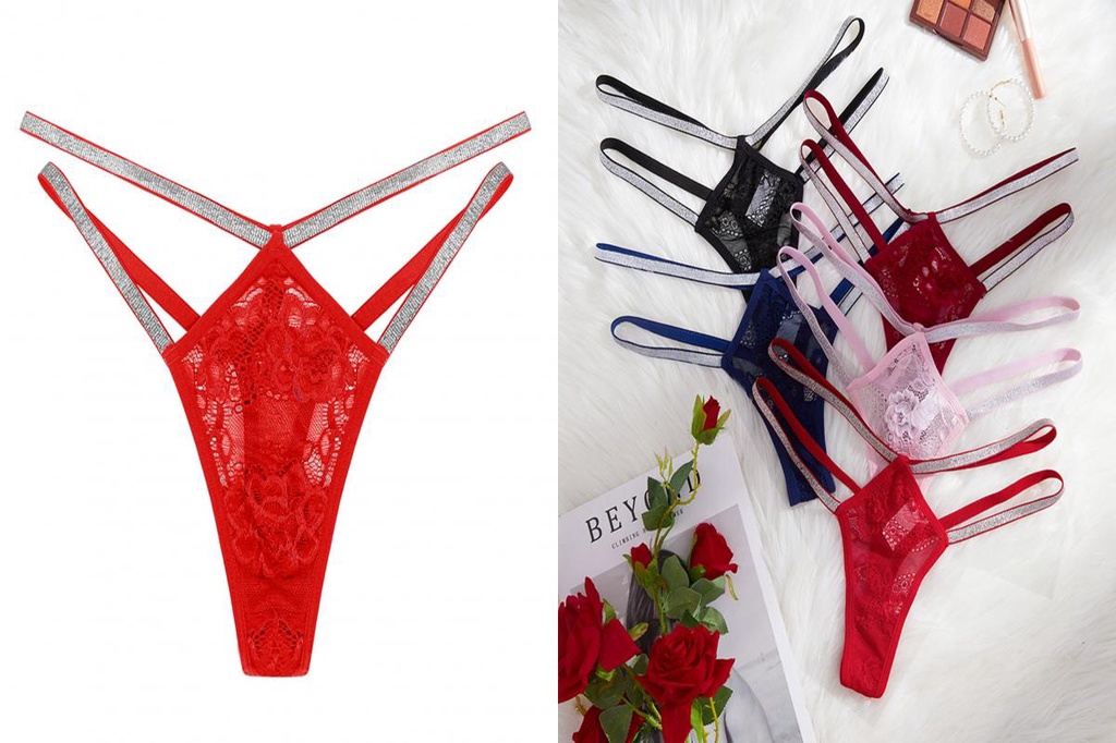 [beautymart] Women Lace Thong Sexy Lace G-string Thong with Rhinestone ...