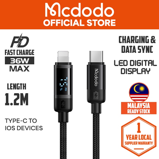 MCDODO CA521/CA500 DIGIAL DISPLAY 36W/3A iOS DEVICES DATA CABLE - 1.2M ...