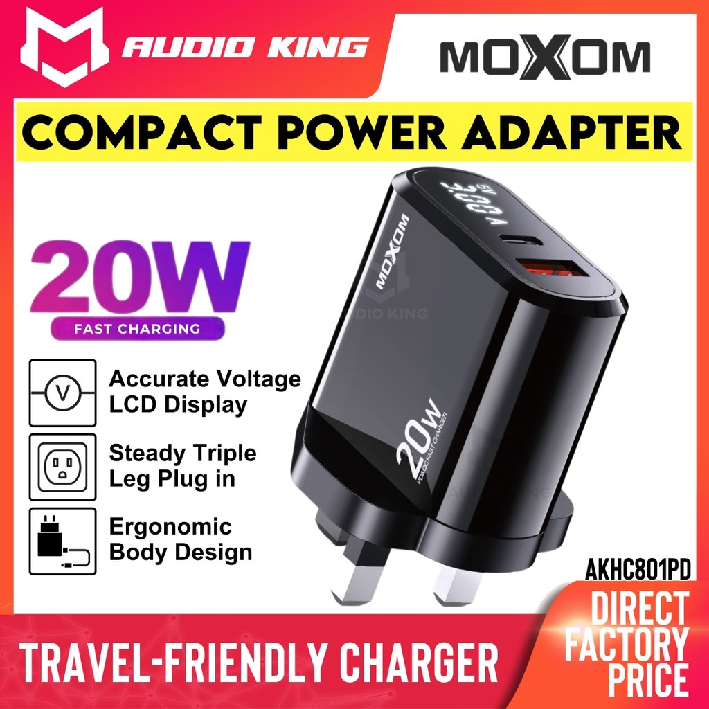 MOXOM 20w Fast Charging Adapter Charger With 3 Pin Plug Socket Portable ...