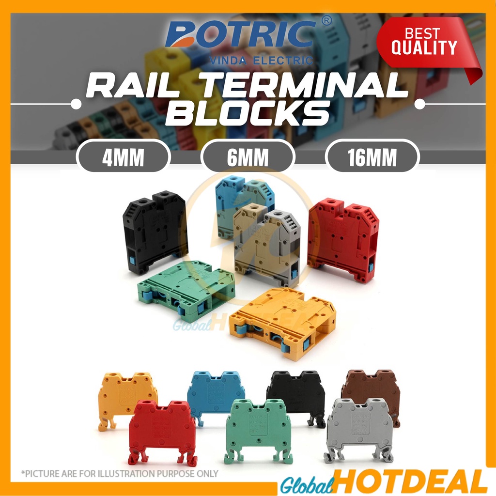BOTRIC 4mm / 6mm / 16mm DIN Rail Terminal Block Screw Type Universal ...