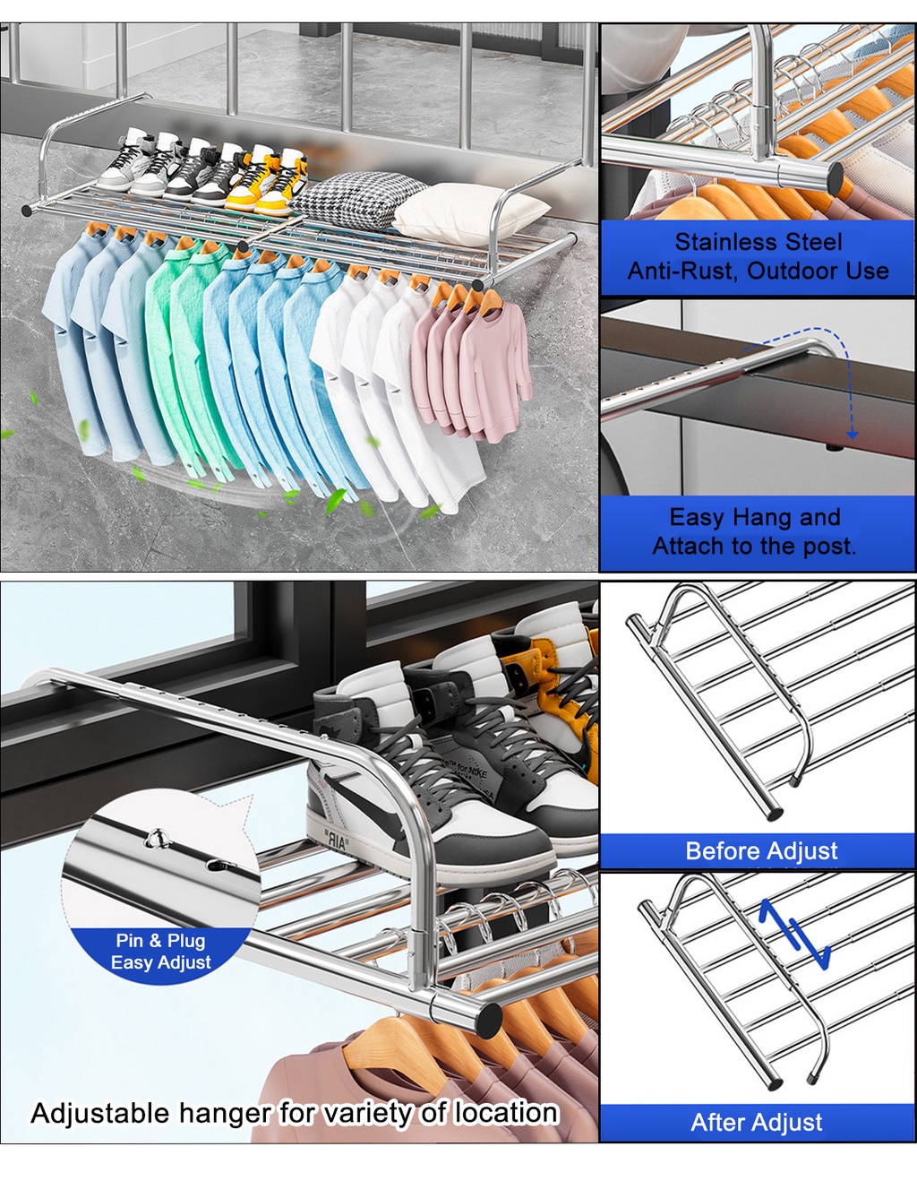 (Hang Attach) Stainless Steel Balcony Retractable Clothes Drying Rack ...