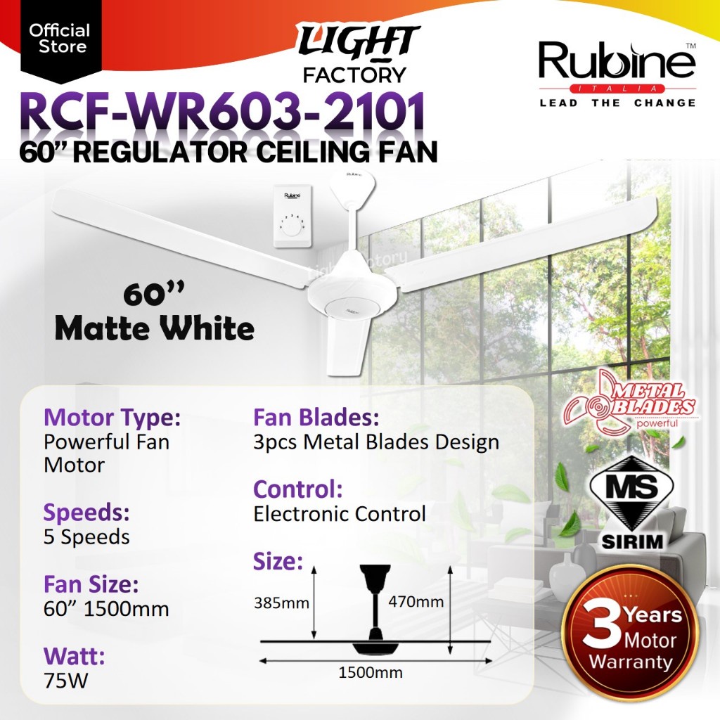 🔥NEW🔥RUBINE Fan RCF WR603-2101 White 60" 3 Blades 5 Speeds AC Motor ...