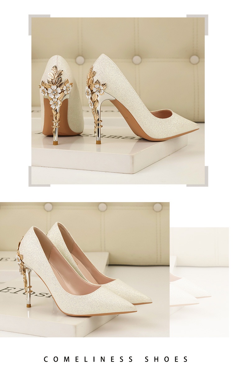 Women chinese style metal elegant flower stiletto pointed toe shiny ...