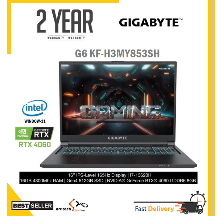 GIGABYTE G6 KF-H3MY853SH GAMING LAPTOP ( i7-13620H/16GB 4800MHZ/Gen4 512GB/RTX4060 8GB/16” FHD ...