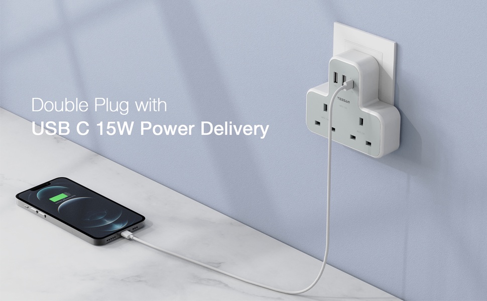 TESSAN Extension Plug with USB C Charger, Wall Socket Plug Adaptor with ...