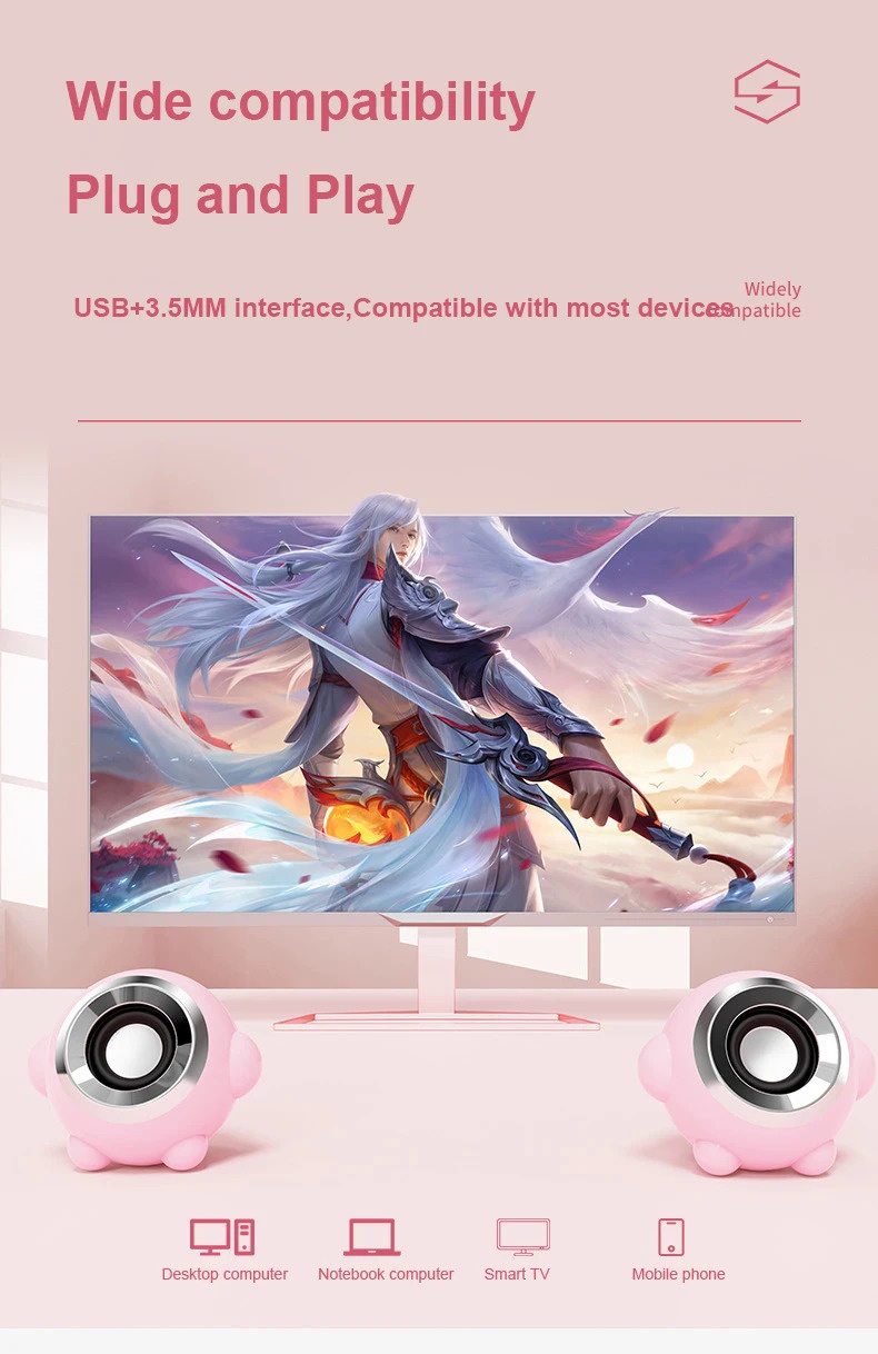 Pink Computer Speakers For PC Laptop Speakers USB 3.5mm Wired Music ...