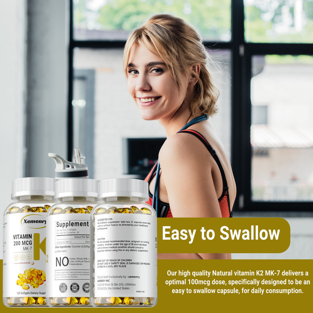 XEMENRY Vitamin K2 MK-7 Supplement, 200 mcg Per Serving, 30/60/120Coconut Oil Softgels | Easily ...